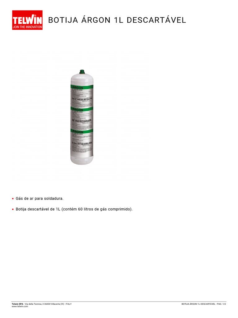 Botija de Argon 1L Descartável para Solda | PDF