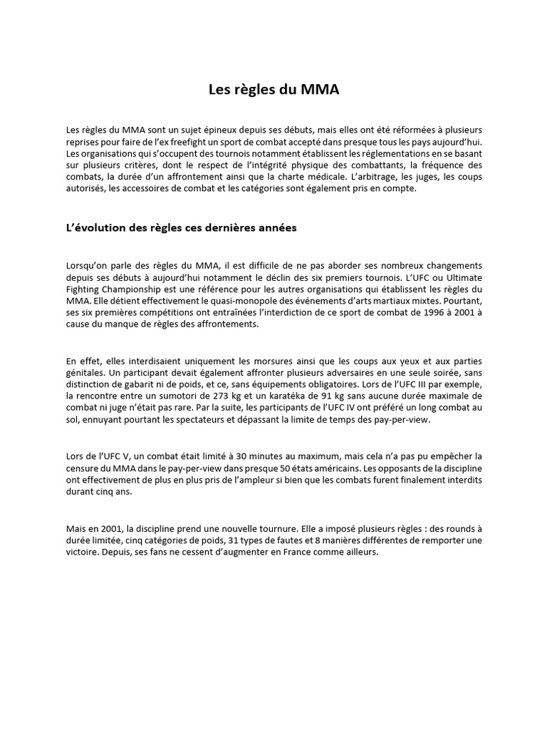 Règles essentielles du MMA | PDF | Arts martiaux mixtes | Ultimate ...