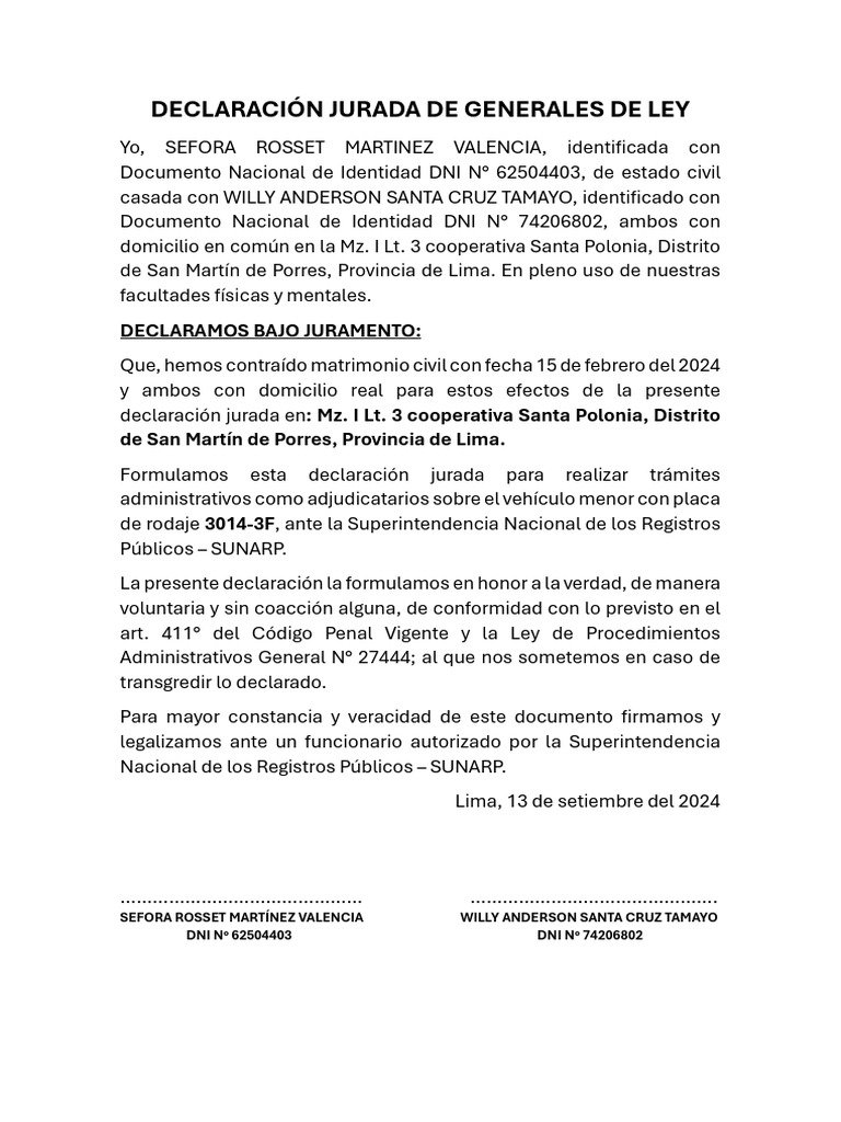Declaración Jurada 1 | PDF