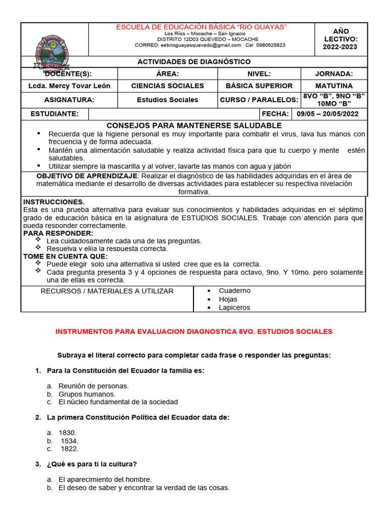 8vo, 9no, 10 Eess Diagnostica | PDF | Ecuador | Educación primaria