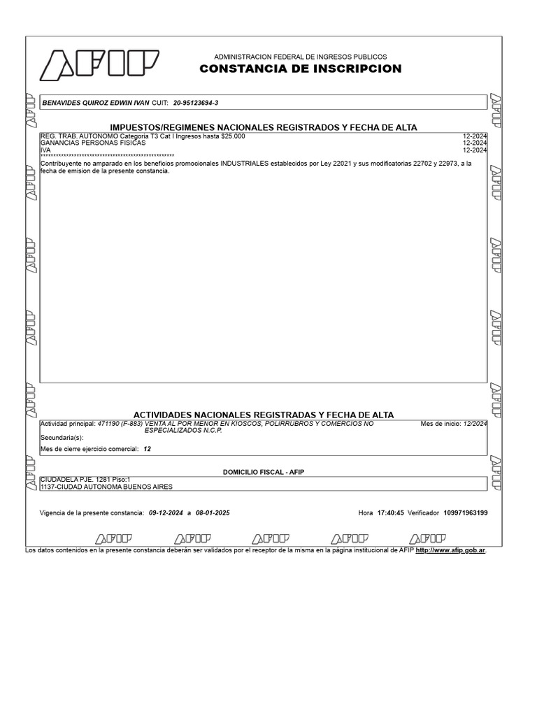 Constancia ARCA de Inscripción Benavidez Quiroz Edwin Ivan | PDF