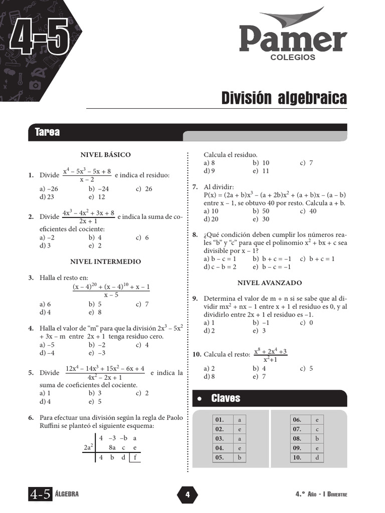 08 Tarea Algebra 4° Año | PDF | División (Matemáticas) | Factorización