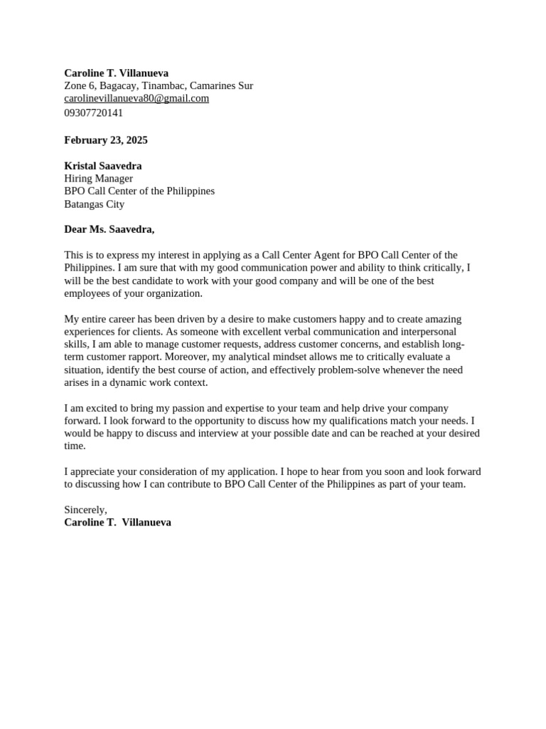 Call Center Agent Application Letter | PDF