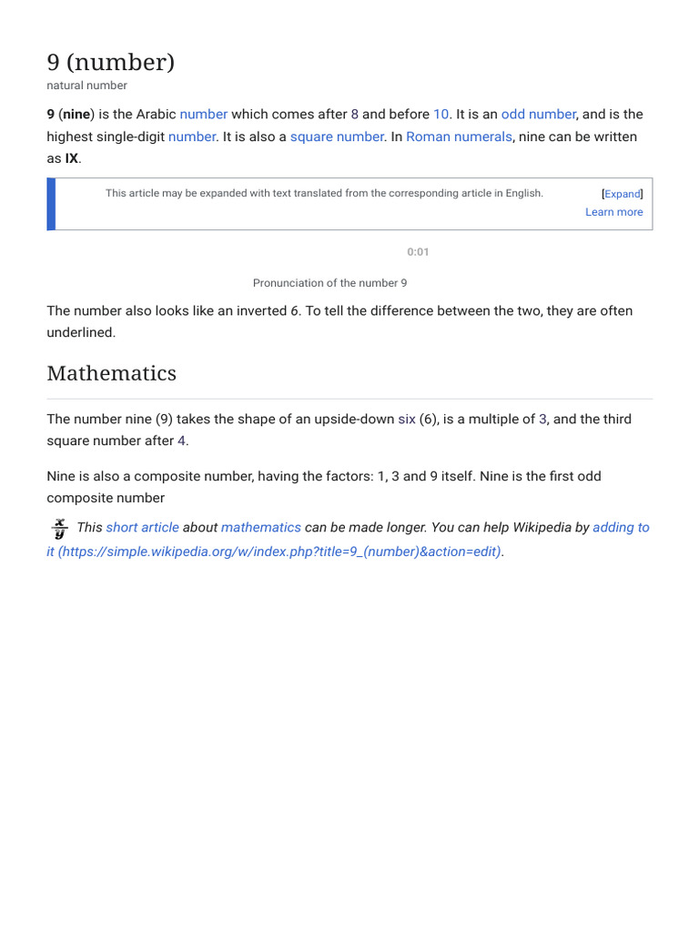 9 (Number) - Simple English Wikipedia, The Free Encyclopedia | PDF