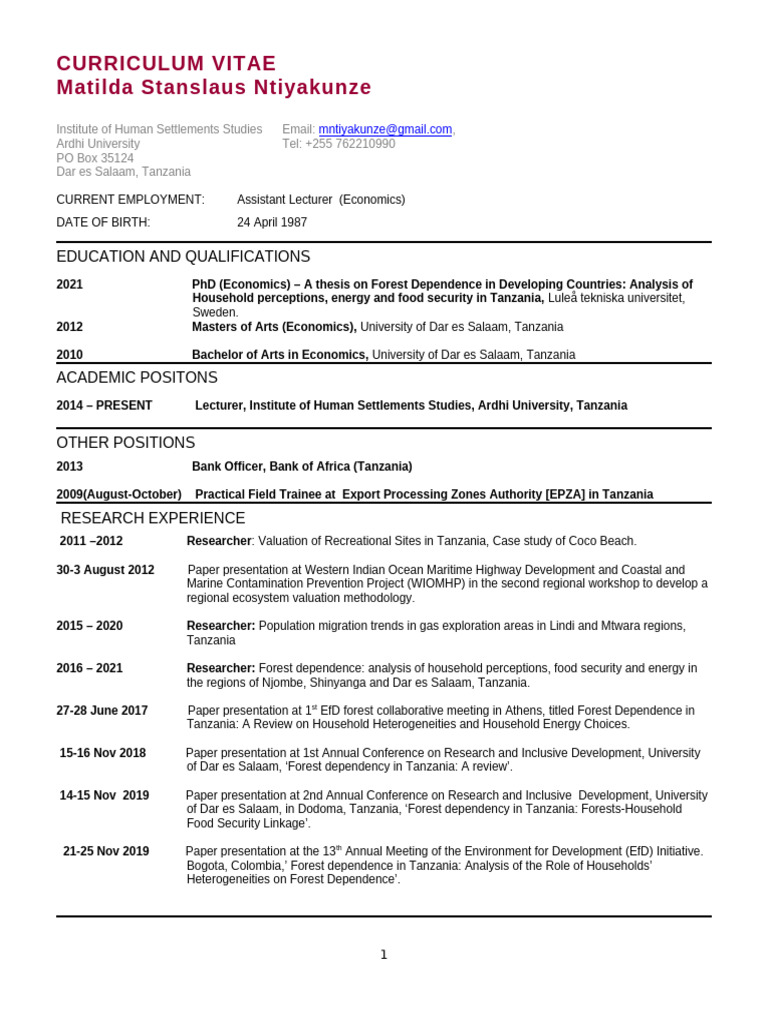 Matilda Cv - Copy | PDF | Tanzania | Natural Environment