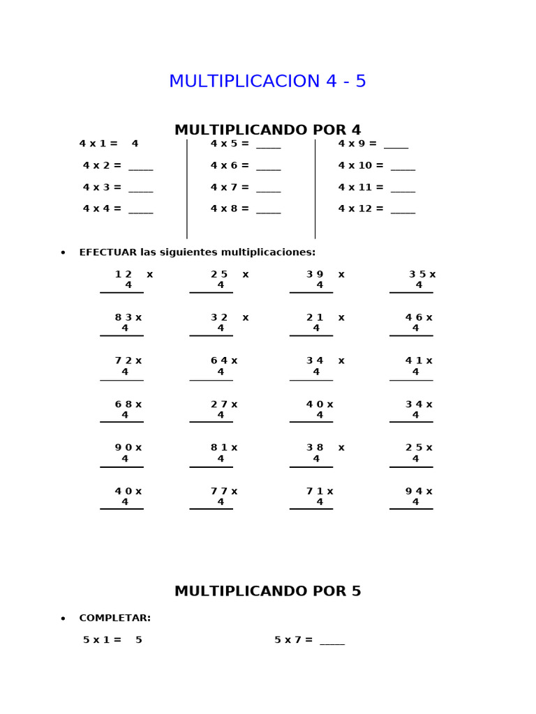 Multiplicacion Por 4 y 5 para Segundo Grado de Primaria | PDF