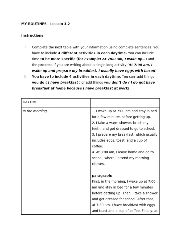 MY ROUTINES - Lesson 3 COMPLETE paragraph | PDF