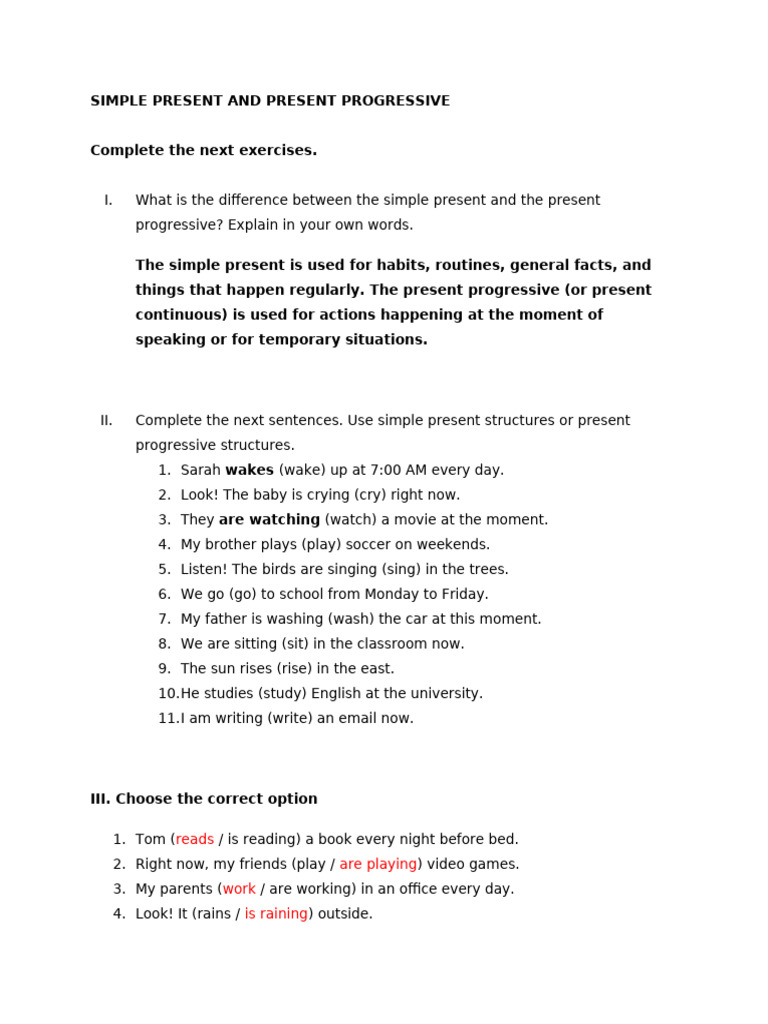 Simple Present vs Present Progressive Worksheet | PDF