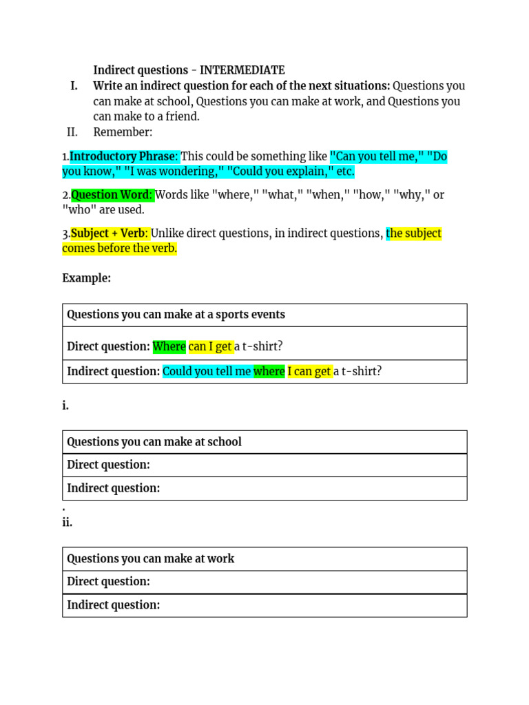Indirect Questions - InTERMEDIATE | PDF
