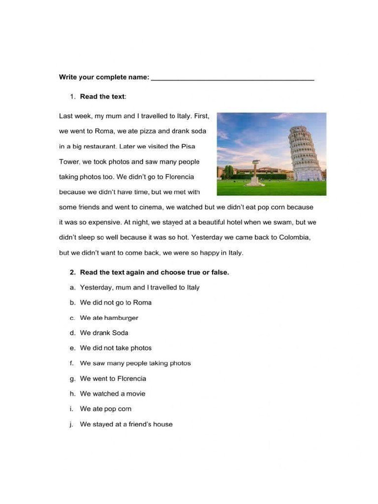 Past Simple Reading Comprehension Worksheet | PDF