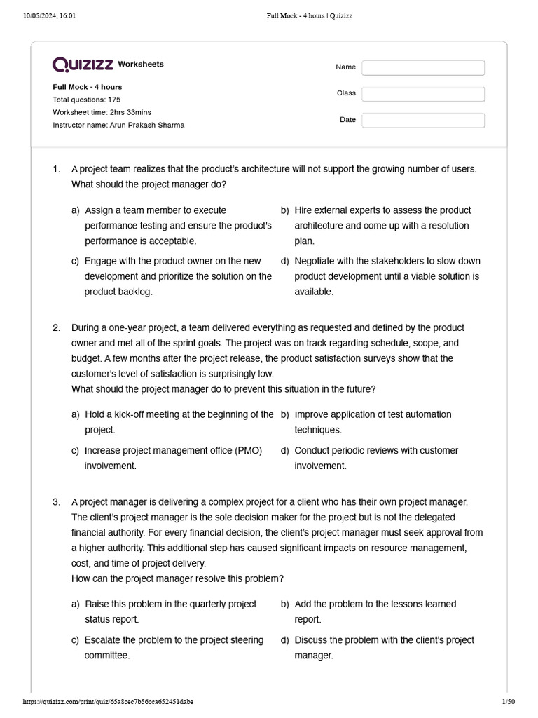 Project Management Mock Exam Questions | PDF | Scrum (Software ...