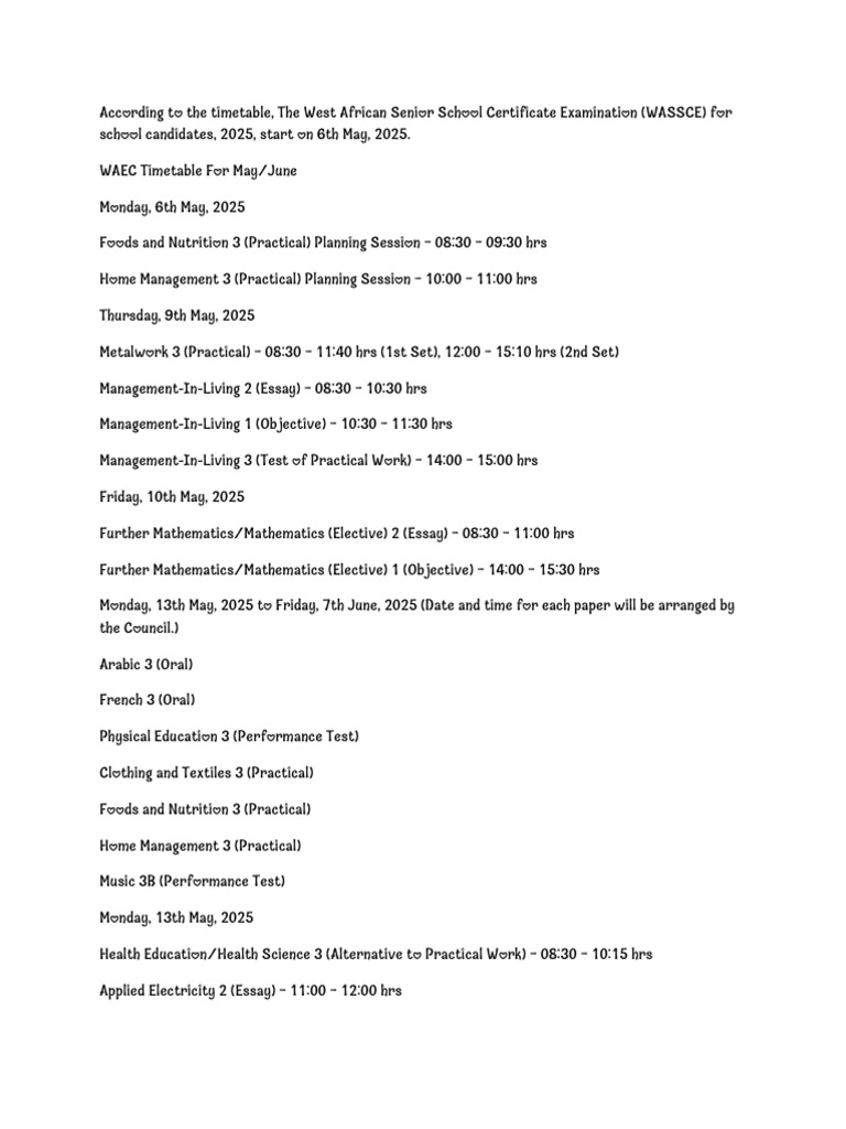 2025 Waec Timetable | PDF