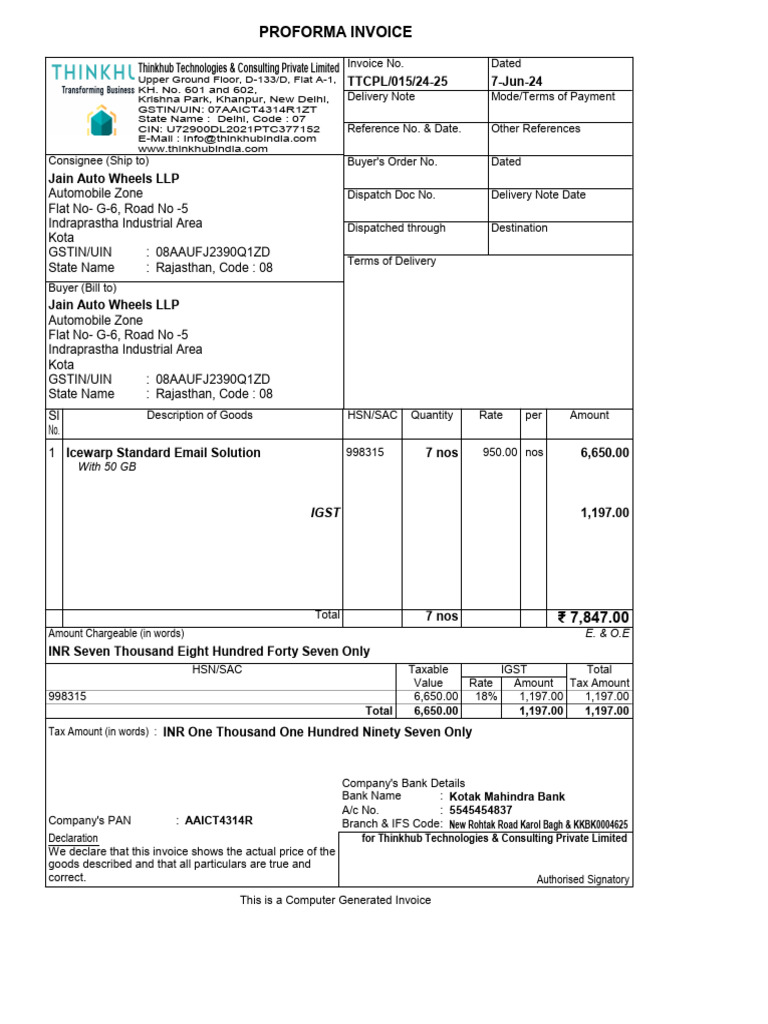 Jain Auto Proforma Invoice | PDF | Invoice | Taxation
