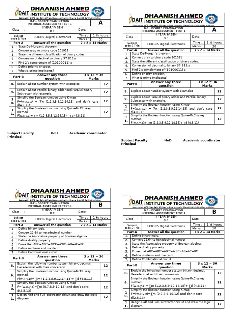 Question Paper IAT-1 - DE | PDF | Boolean Algebra | Teaching Mathematics