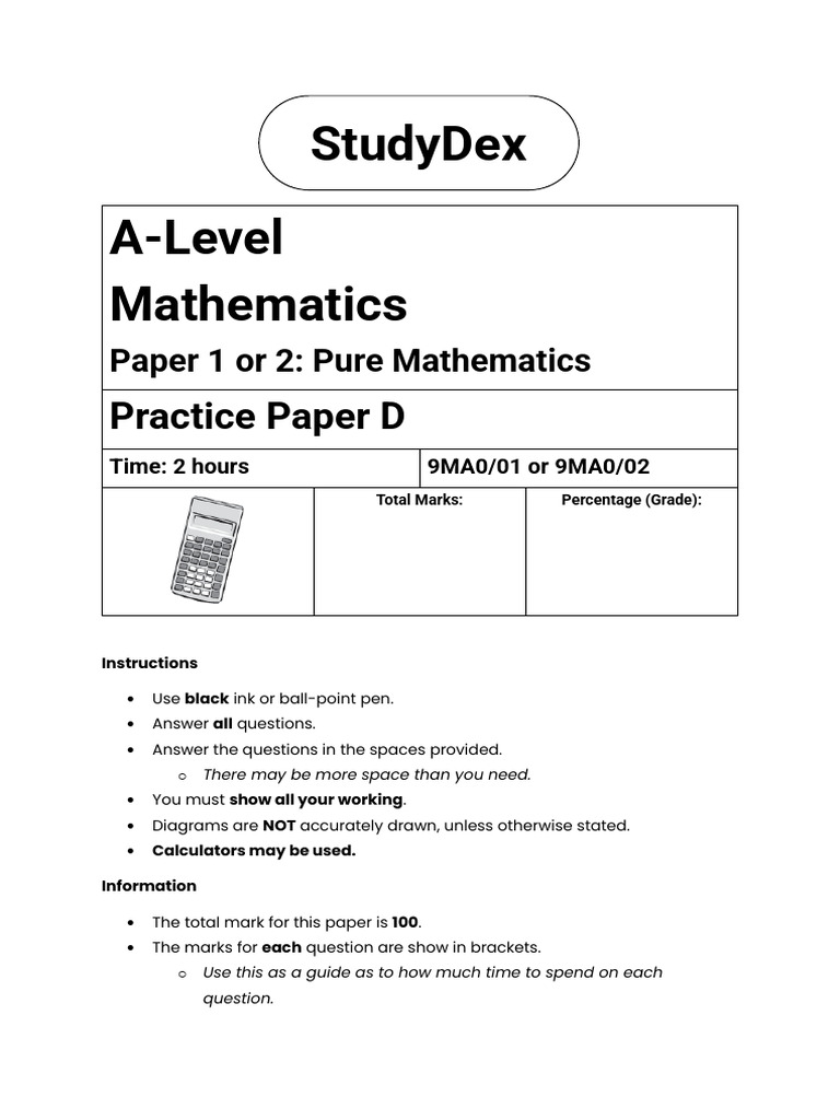 A-Level Pure Mathematics Practice Paper D | PDF | Equations ...
