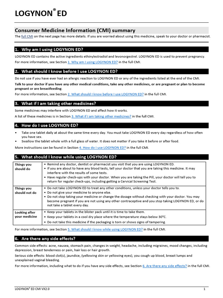 Logynon ED: Consumer Medicine Information (CMI) Summary | PDF ...