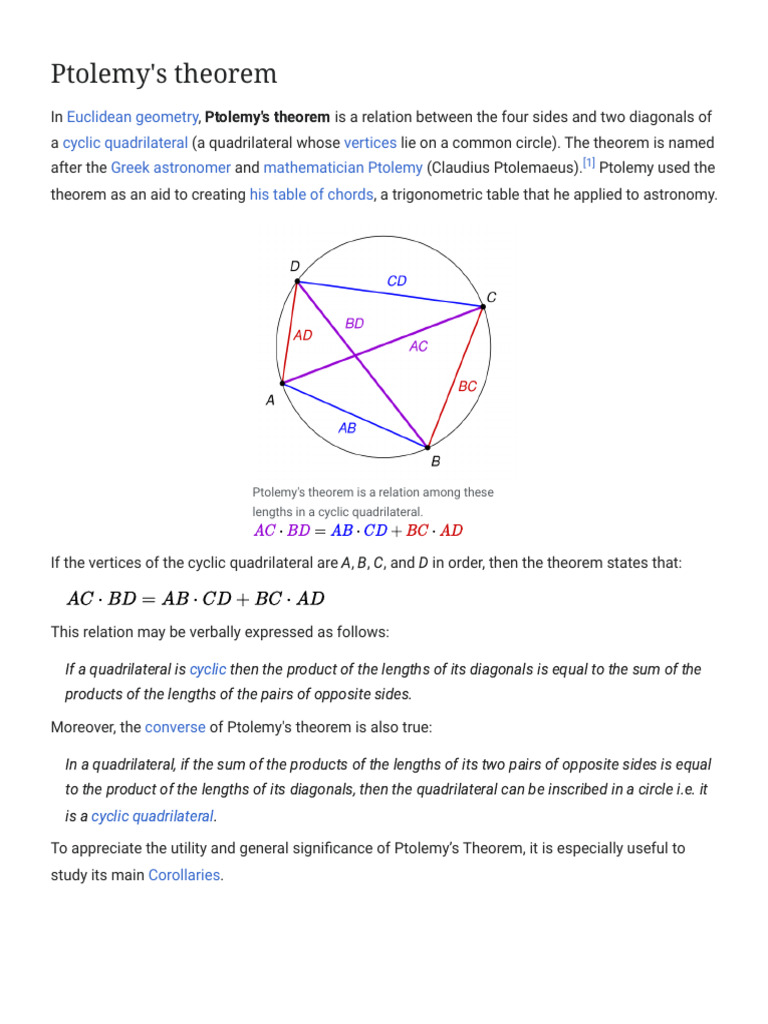Ptolemy's Theorem | PDF | Elementary Mathematics | Geometric Shapes
