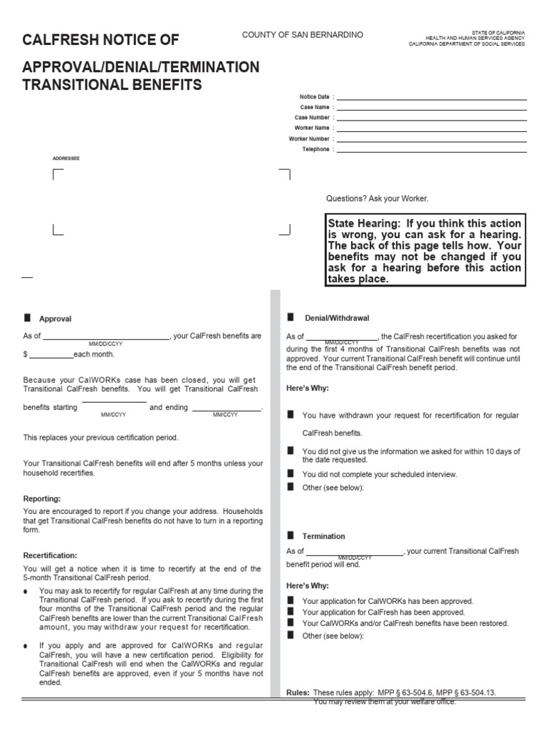 County of Calfresh Notice of Approval - Denial - Termination | PDF ...