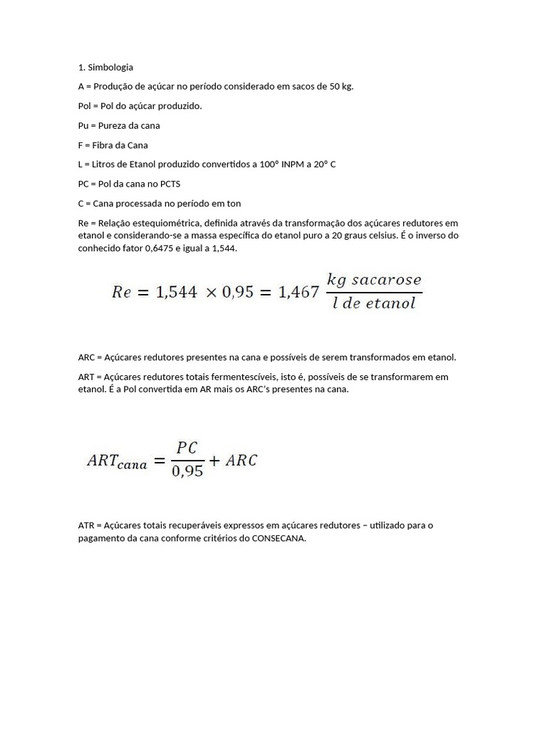 Fórmulas Rendimentos Usina | PDF | Cana de açúcar | Açúcar