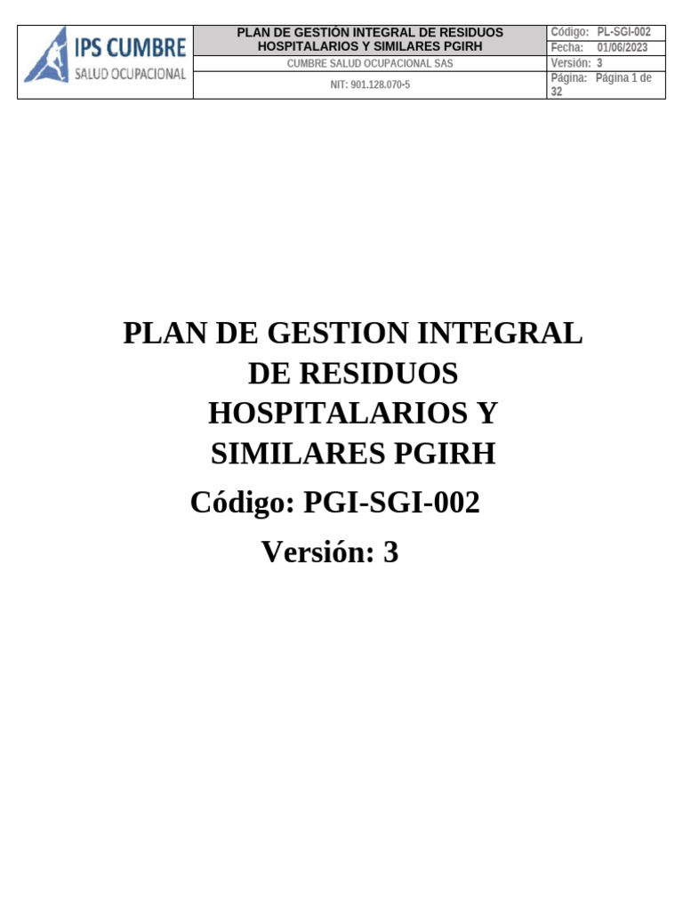 PL-SGI-002 PLAN DE GESTI+ôN INTEGRAL DE RESIDUOS HOSPITALARIOS Y SIMILARES PGIRH | PDF ...