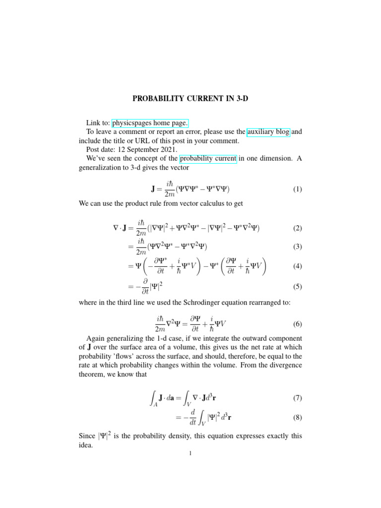 Probability Current in 3-d | PDF | Divergence | Physical Quantities