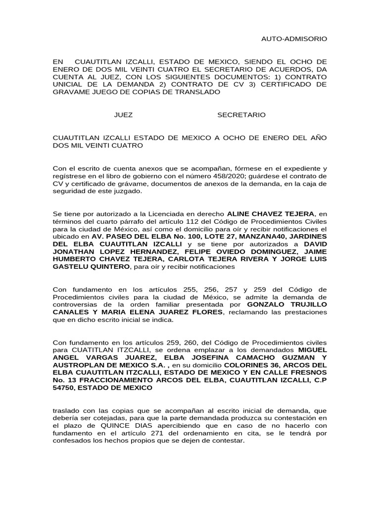 Auto Admisorio 1 | PDF | Demanda judicial | México