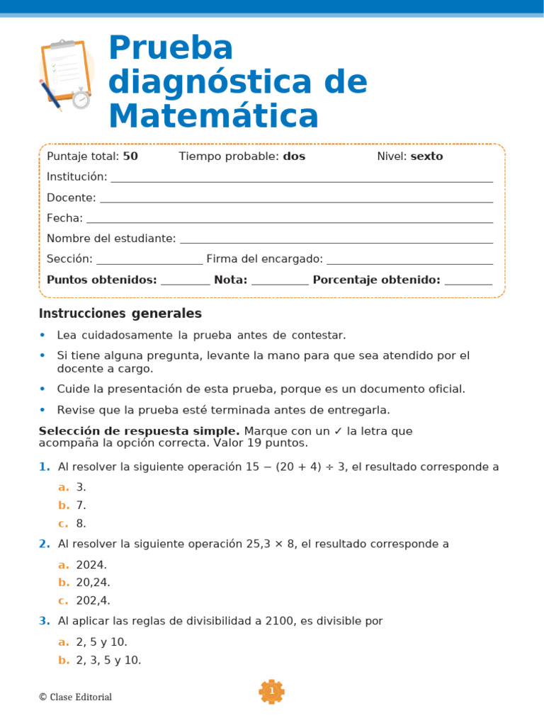 Prueba Diagnóstica Sexto | PDF