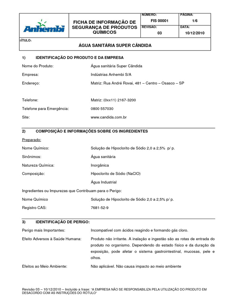 FISPQ Agua Sanitária Super Candida - 020740 | PDF | Cloro | Química