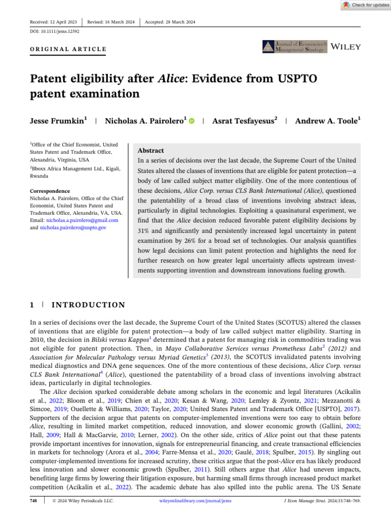Economics Manag Strategy - 2024 - Frumkin - Patent eligibility after ...