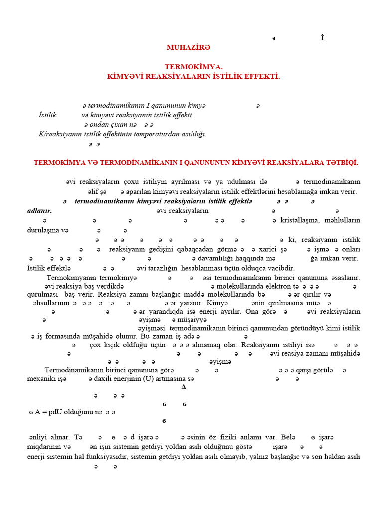 Muhazirə - 3 Termokimya. Kimyəvi Reaksiyalarin İstilik Effekti | PDF