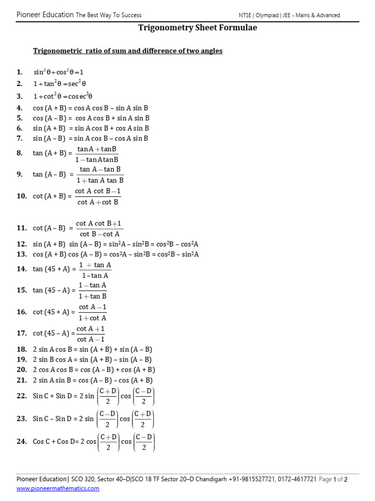 Trigonometry Sheet Formulae | PDF | Trigonometry | Mathematical Relations