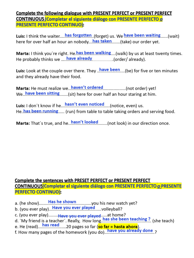 PRESENTE PERFECTO Y PRESENTE PERFECTO CONTINUO,_EJERC... TRIMESTRE I 2025 FINAL | PDF
