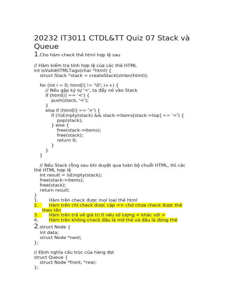 Quiz 07 Stack Và Queue | PDF