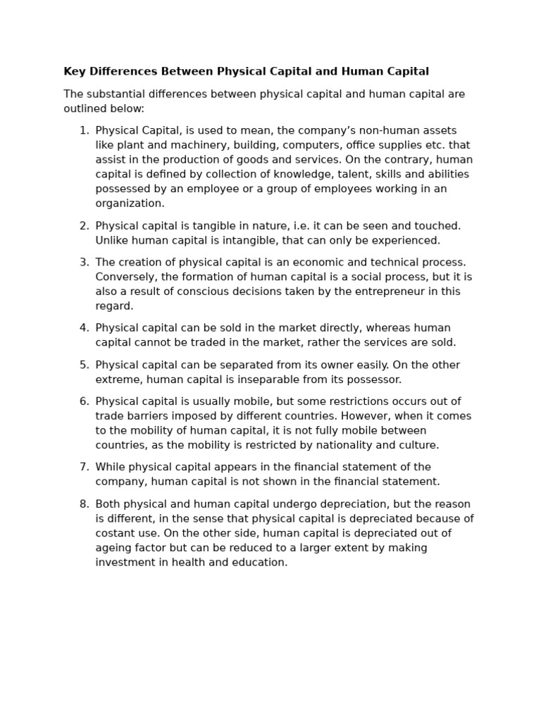 Key Differences: Human vs Physical Capital | PDF
