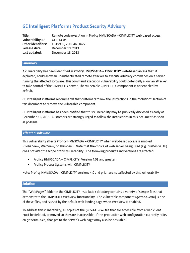 GEIP13 05 Security Advisory Proficy CIMPLICITY Gefebt Remote Code Exec | PDF | World Wide Web ...