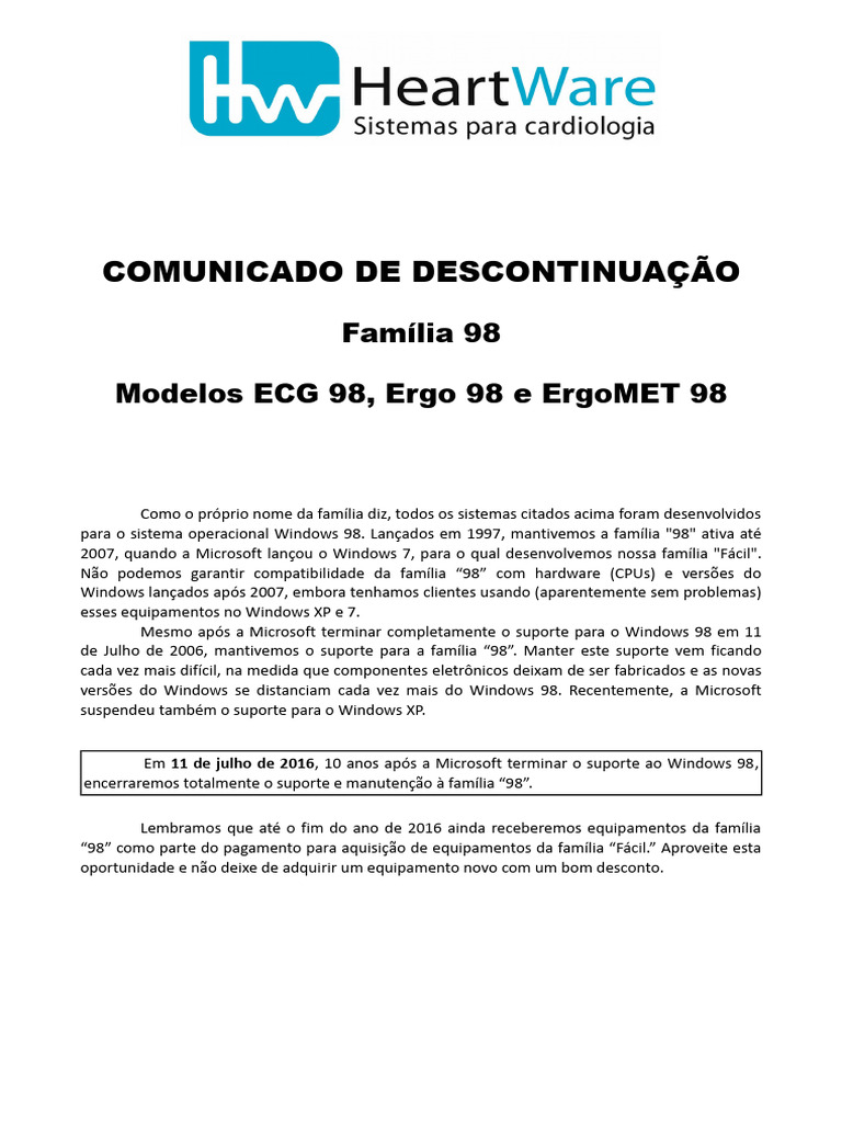 DESCONTINUAÇÃO Modelos ECG 98, Ergo 98 e ErgoMET 98 | PDF