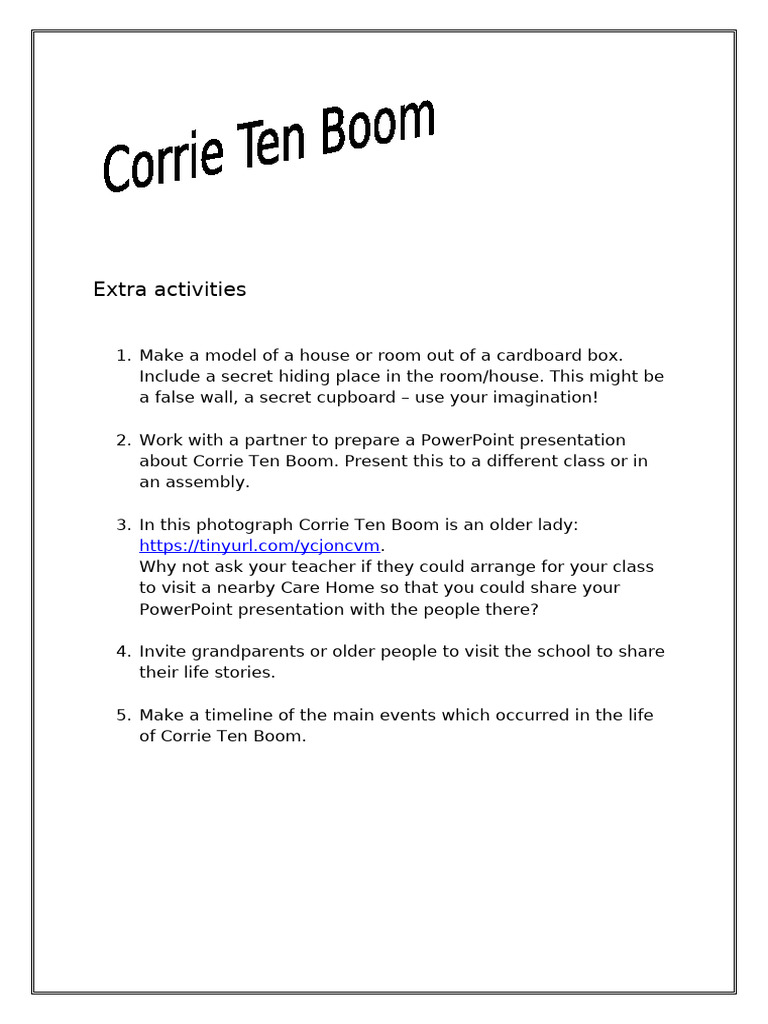 Spckassy Corrie Ten Boom Extra Activities | PDF