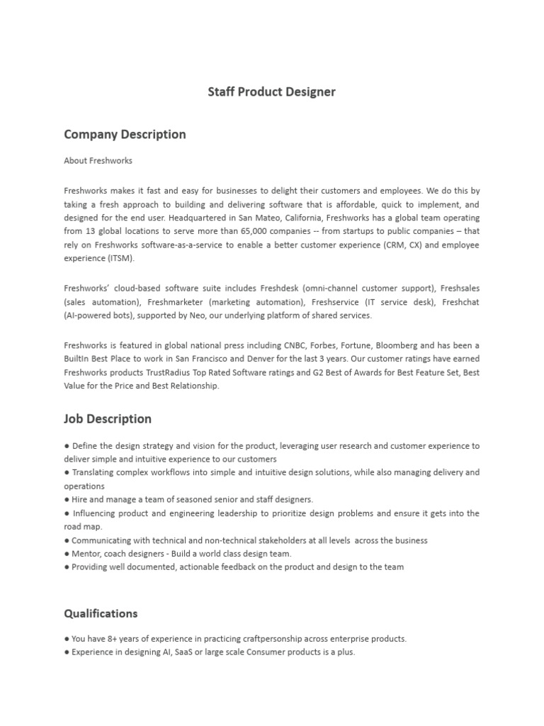 Staff Product Designer Role at Freshworks | PDF | Business | Human ...