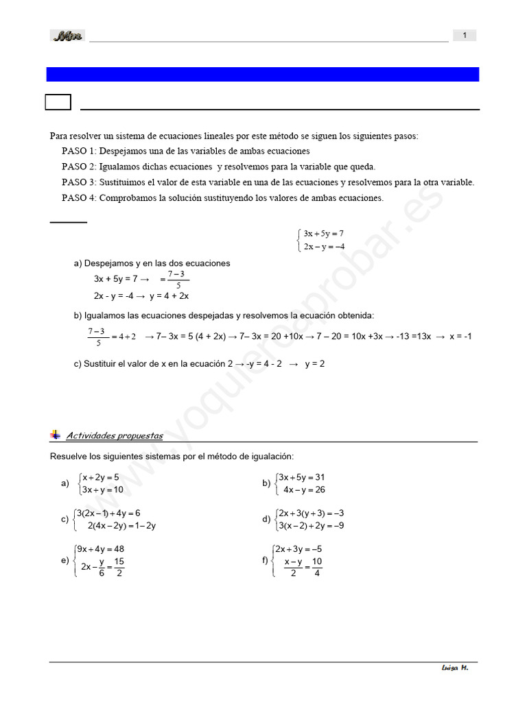 Resolución de Ecuaciones 2x2 por Igualación | PDF | Sistema de ...