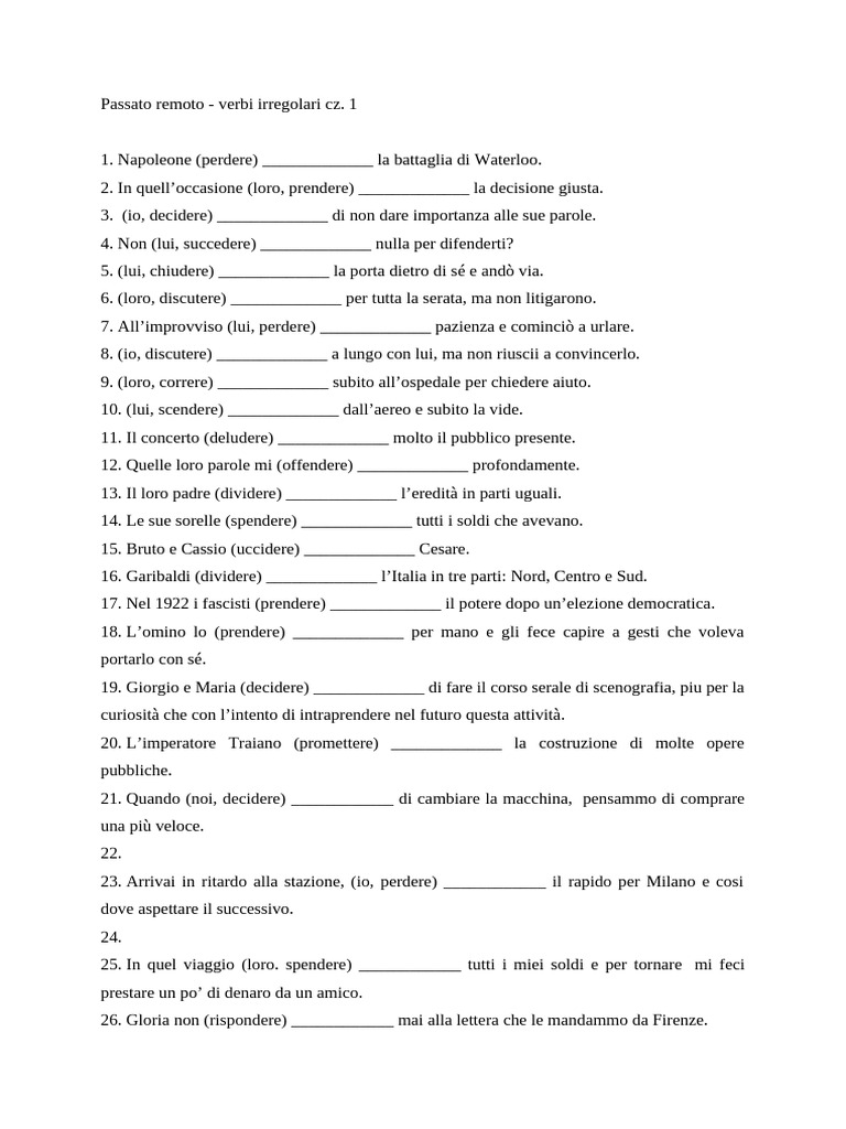 Passato Remoto - Verbi Irregolari Cz. 1 | PDF