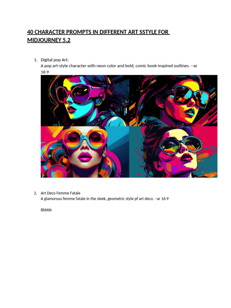 40 Character Prompts in Different Art Sstyle For Midjourney 5 | PDF ...