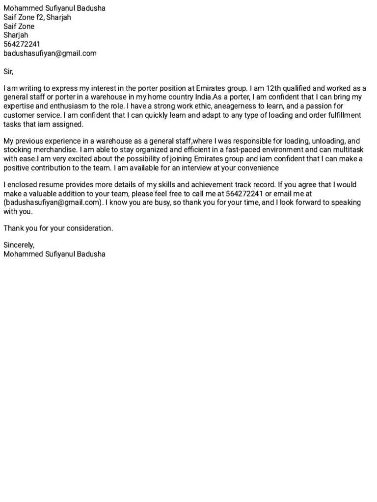 Cover Letter for Emirates Porter Position | PDF