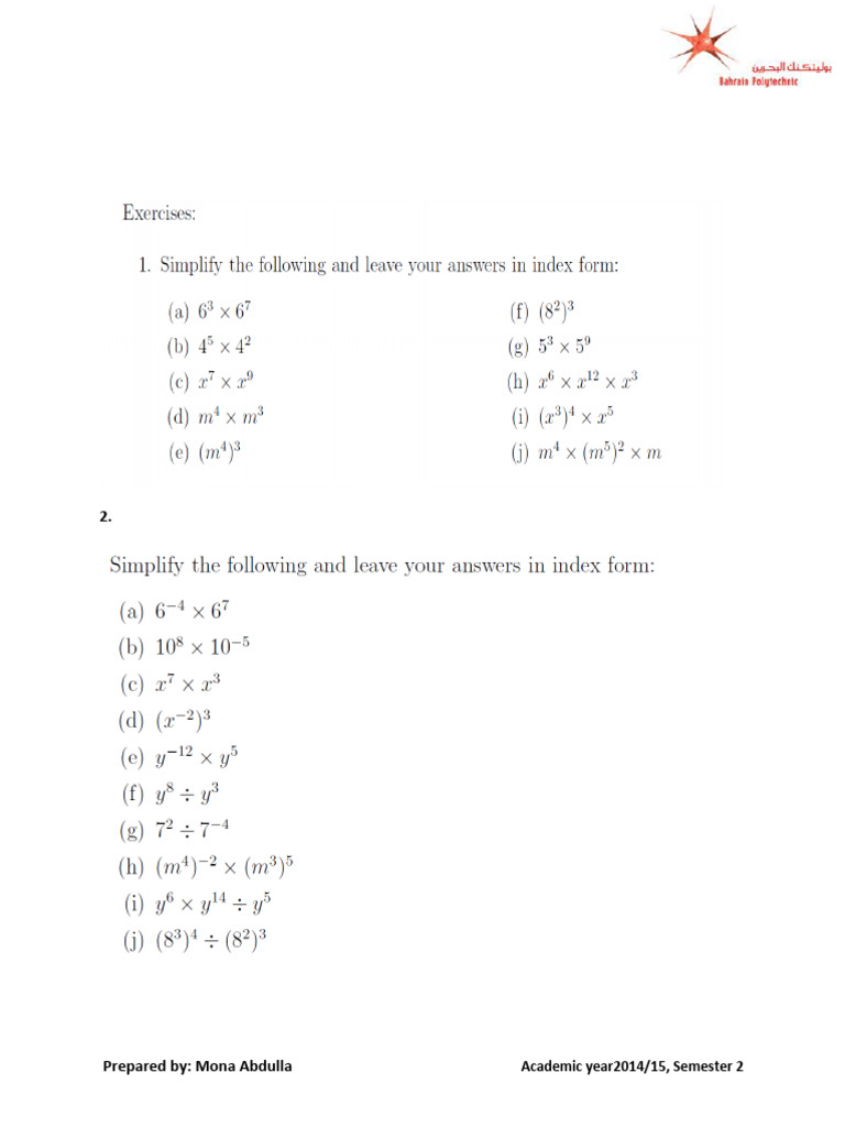 Indices Worksheet | PDF