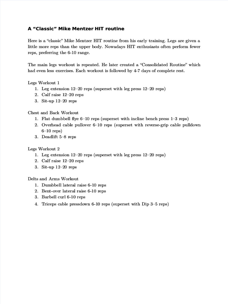 Classic Mike Mentzer HIT Routine | PDF | Weight Training