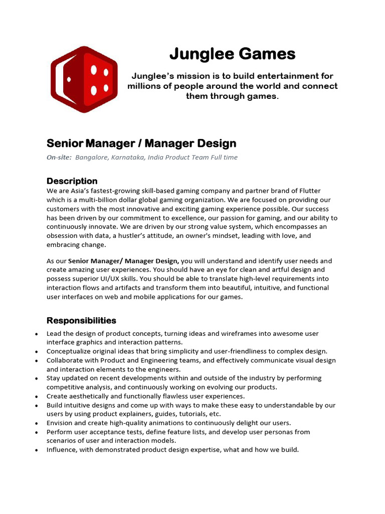 Senior Manager Design at Junglee Games | PDF | Design | Computing