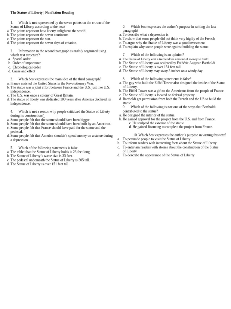 The Statue of Liberty Questions | PDF
