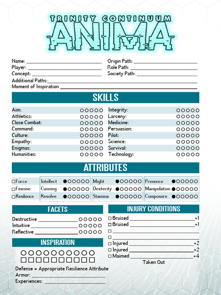 Trinity Continuum - Anima - Character Sheet - CJaKRp | PDF