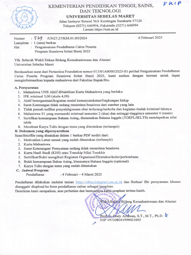 Pengumuman Pendaftaran Calon Peserta Program Beasiswa Sobat Bumi 2025-Kirim | PDF