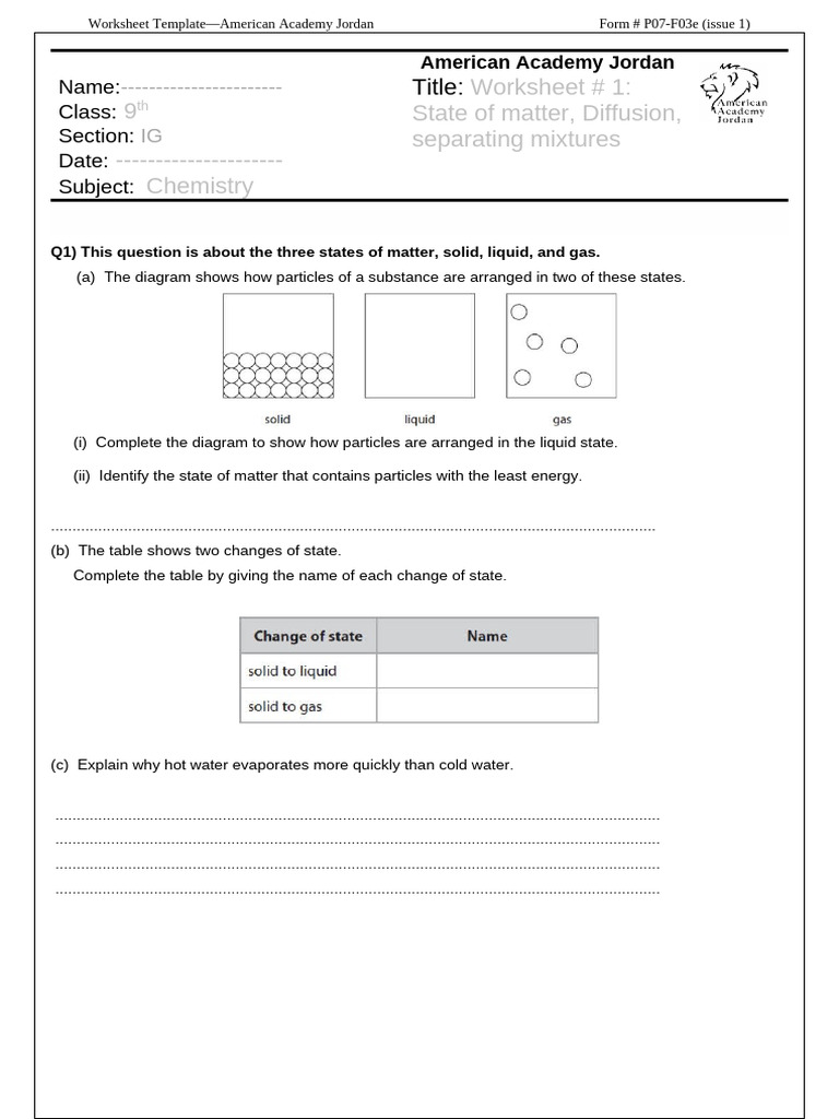 Chemistry Worksheet: States & Mixtures | PDF | Gases | Chemical Substances