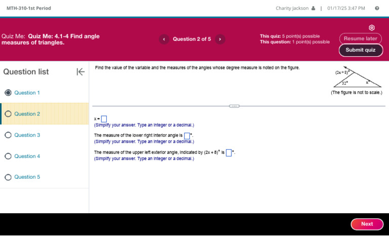 Quiz Me 4.1-4 Find Angle Measures of Triangles 3 | PDF